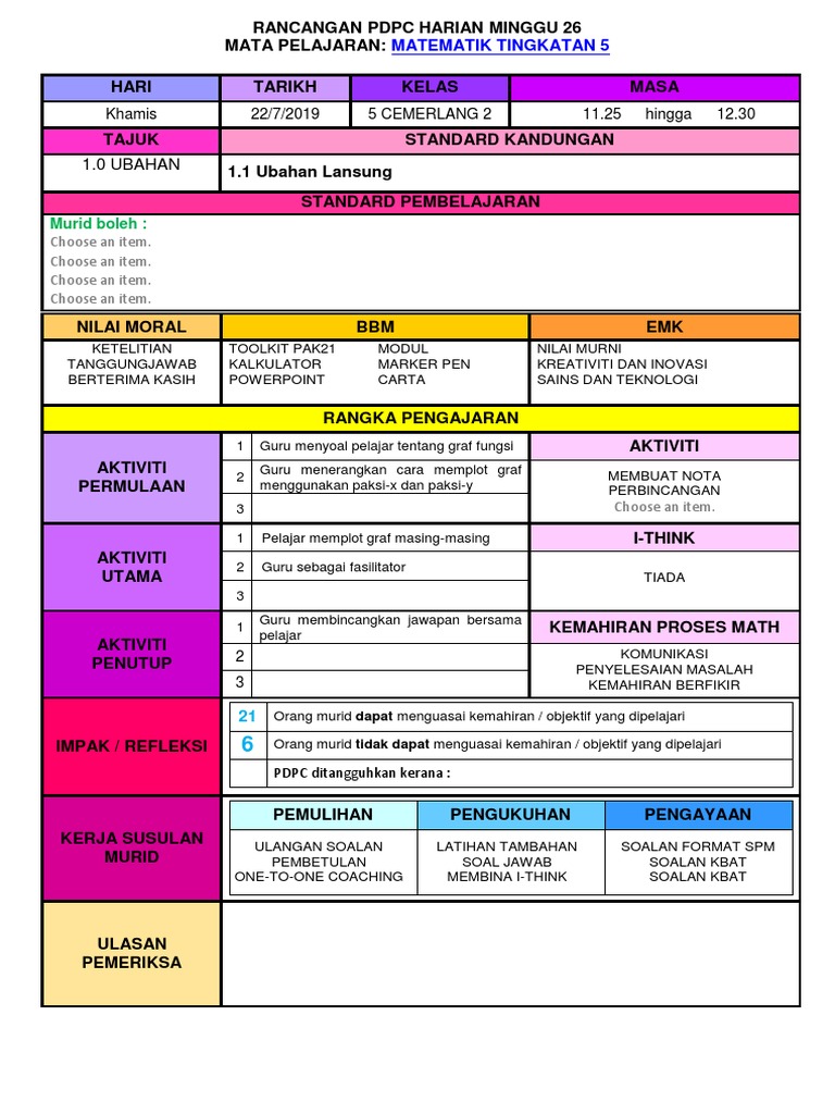 RPH KSSM Math Form 5 Drop Down Pilihan 2 | PDF