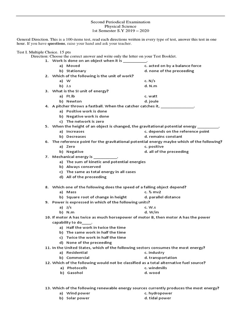 Physical Science 2nd Quarter Exam Guide | PDF | Potential Energy ...