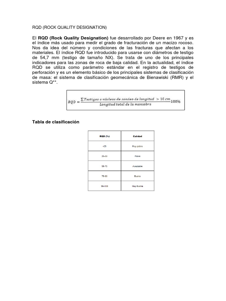 RQD (Rock Quality Designation) : Tabla de Clasificación | PDF