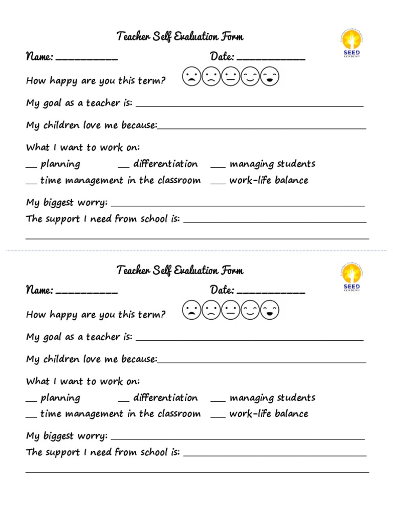 Teacher Self Evaluation Form | PDF