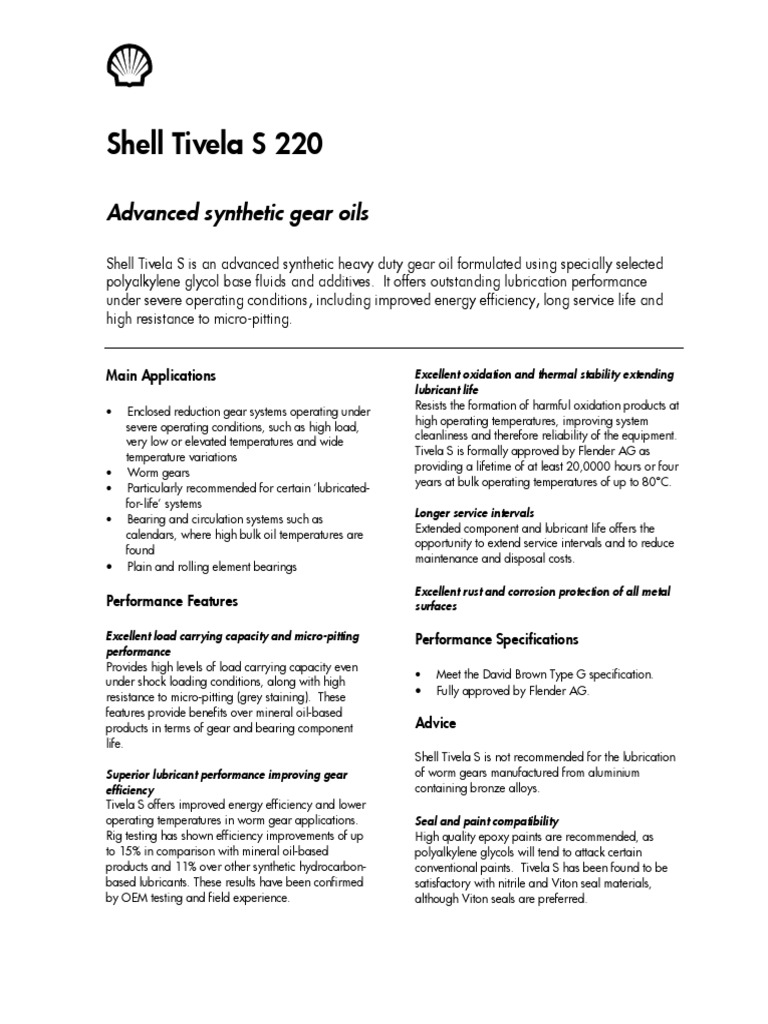 Shell Tivela S 220: Advanced Synthetic Gear Oils | PDF | Lubricant ...