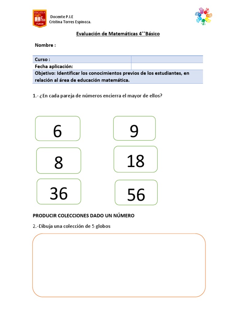 PRUEBA de Matemáticas 4° Basico | PDF | Enseñanza de matemática