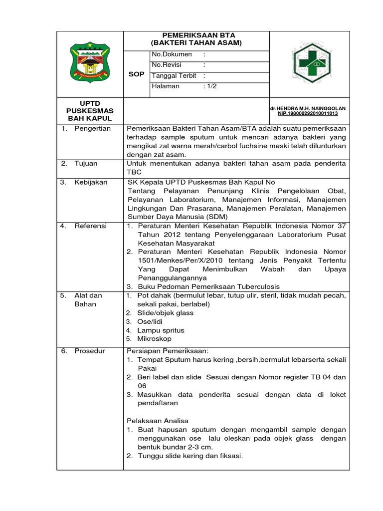 SOP Pemeriksaan BTA | PDF