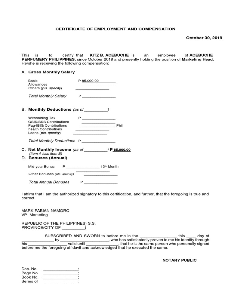 Kitz Main - Certificate-Of-Employment-And-Compensation-Form | PDF