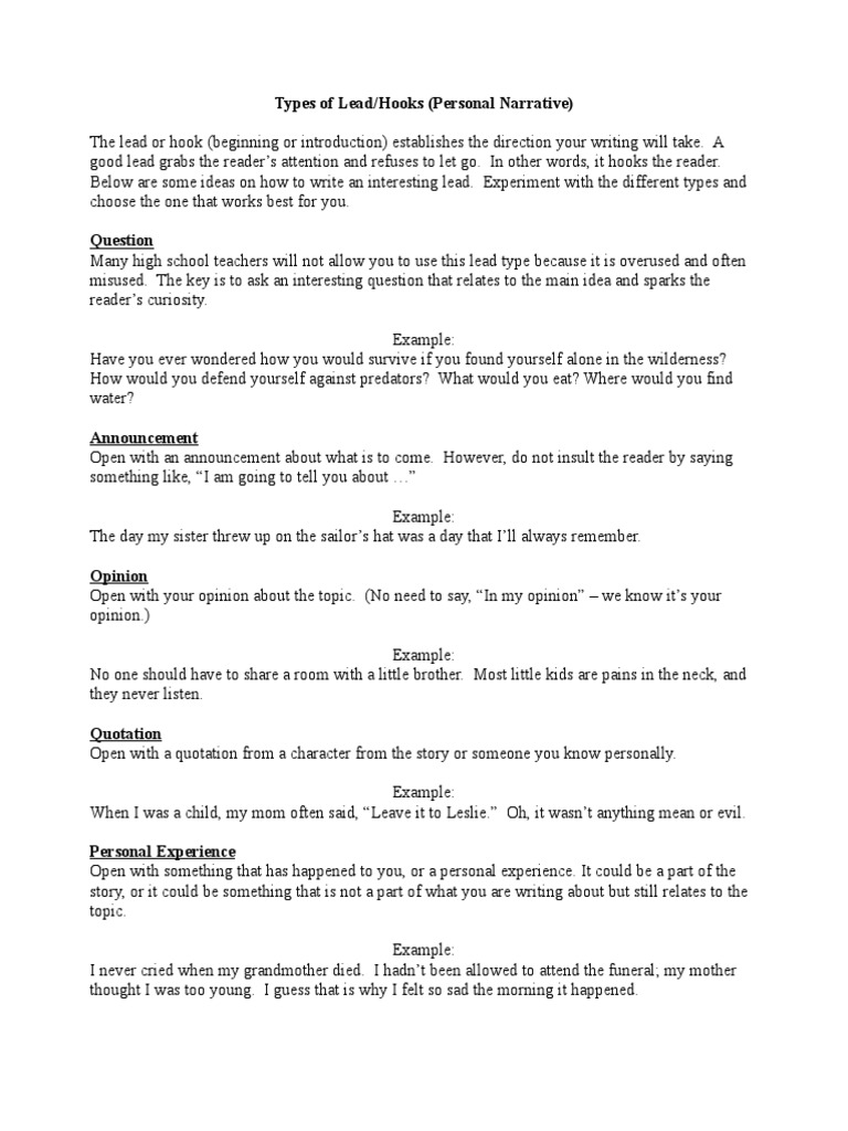 Types of Lead/Hooks (Personal Narrative) | PDF | Philosophy