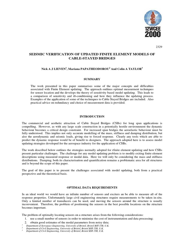 Seismic Verification of Updated Finite Element Models of Cable-Stayed ...