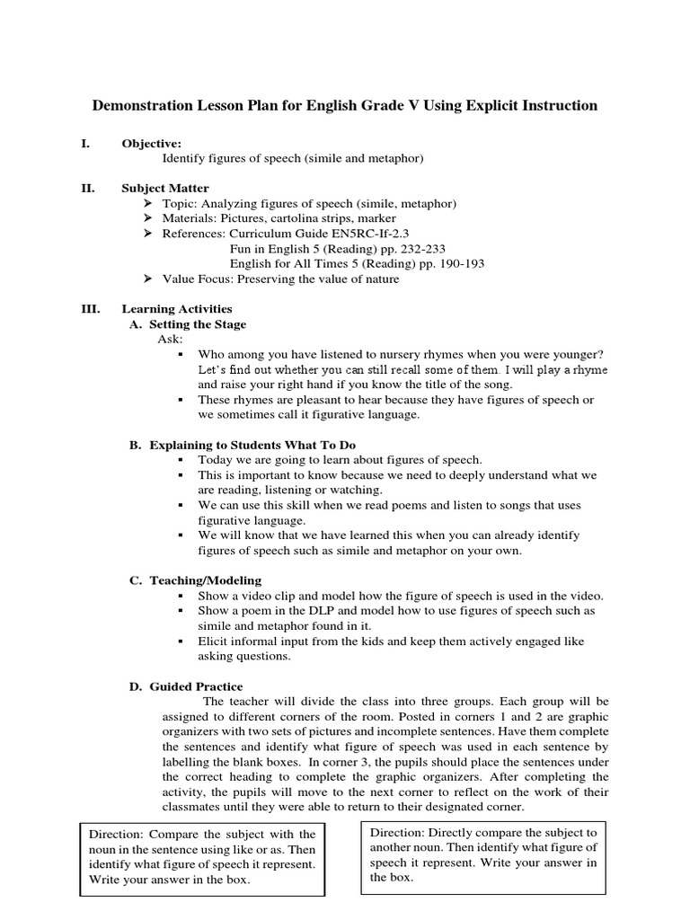 Lesson Plan For English Grade V Using Explicit Instruction | PDF ...