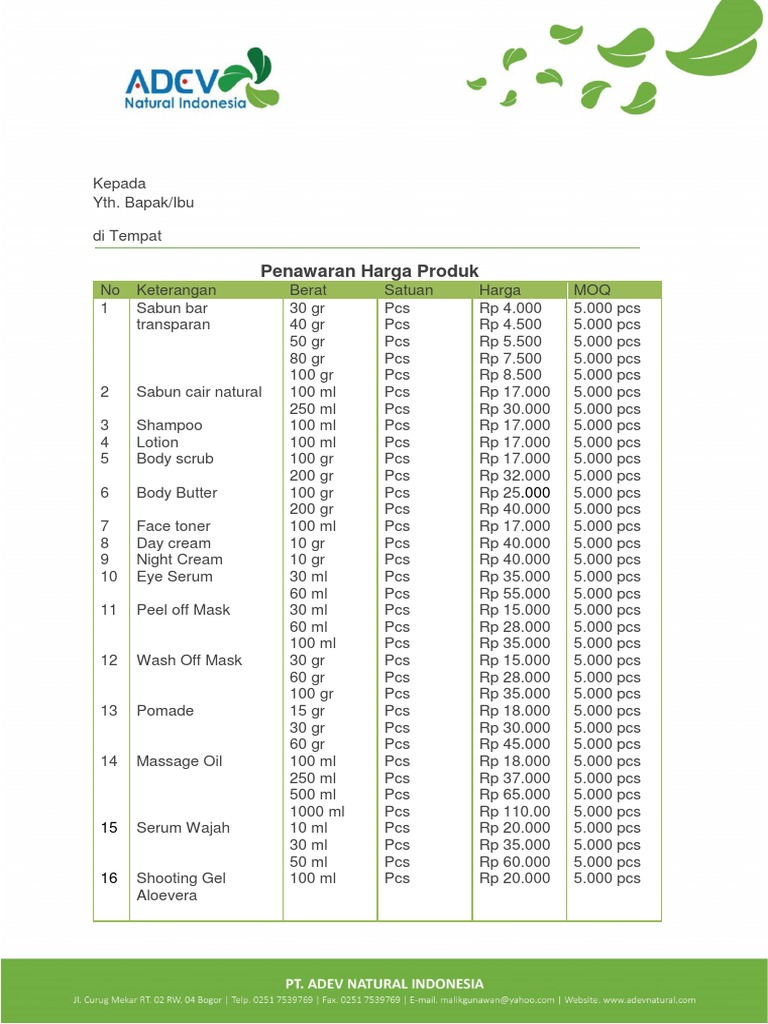 Surat Penawaran Harga Maklon Di Adev | PDF