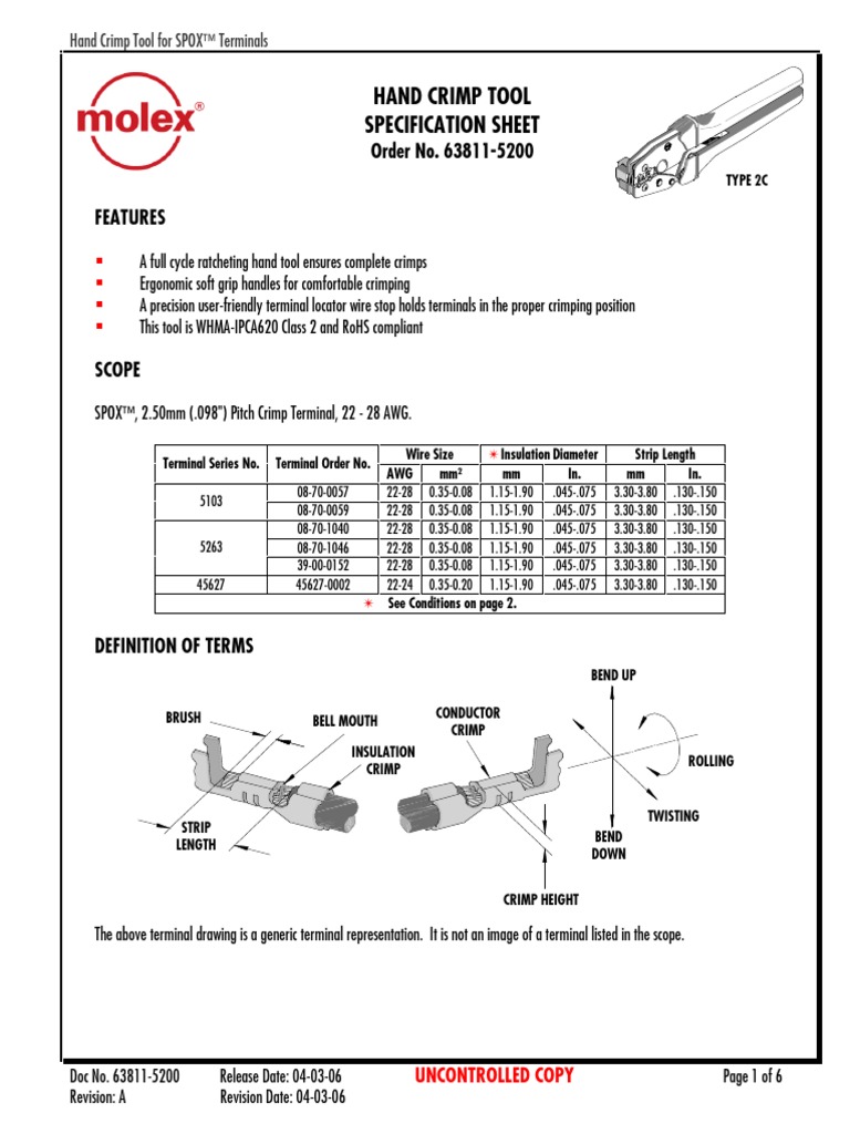 Hand Crimp Tool Specification Sheet: Order No. 63811-5200 | PDF ...