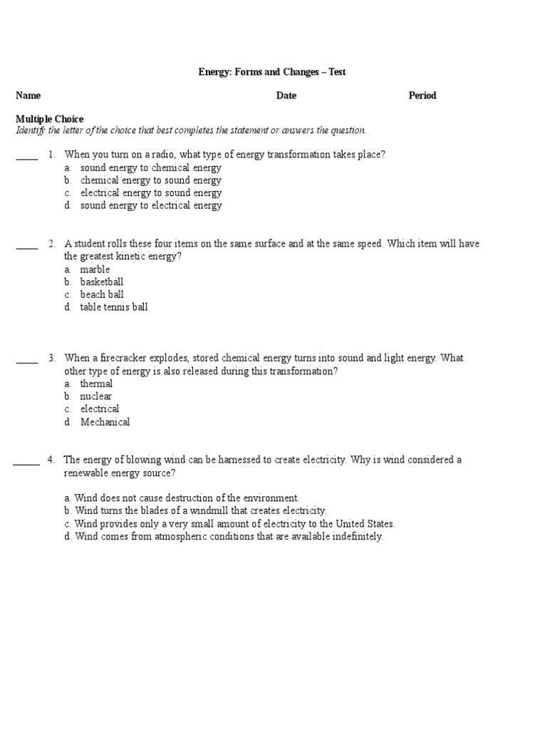 Energy Forms and Changes TEST | PDF | Potential Energy | Electricity