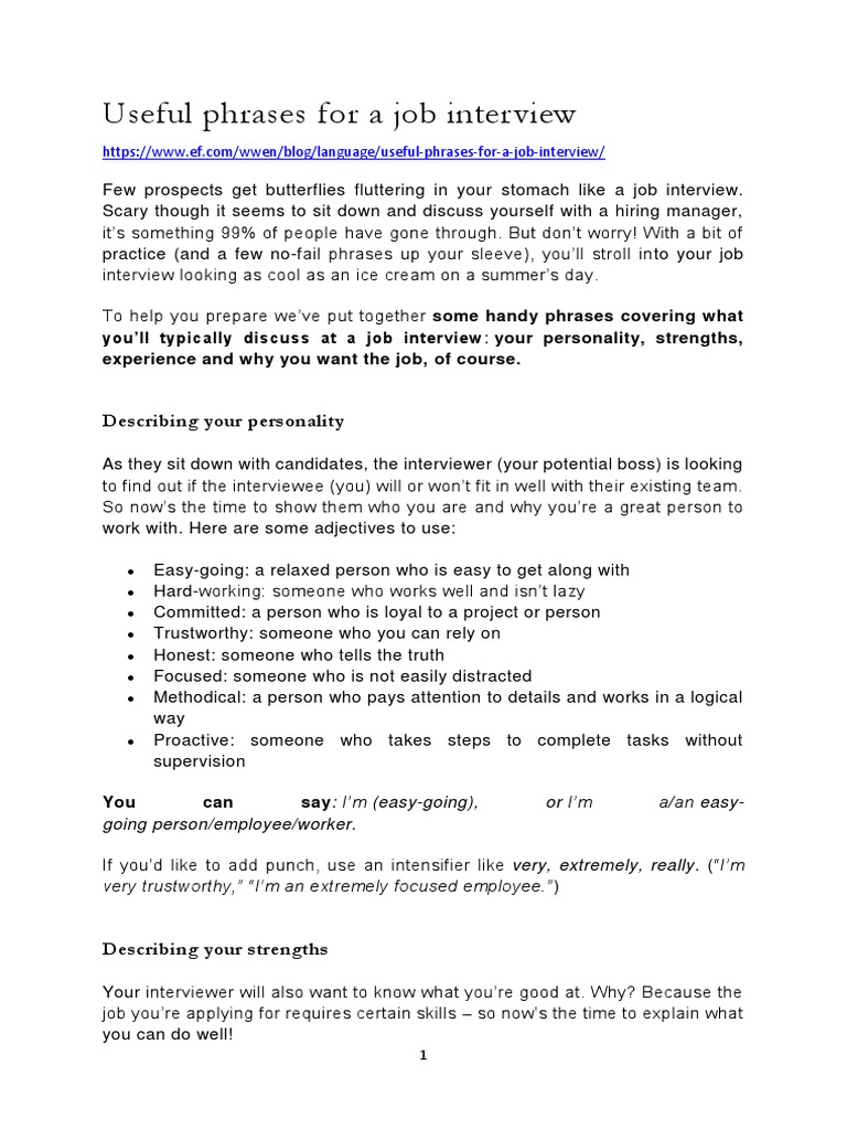 Useful Phrases For A Job Interview | PDF | Job Interview ...