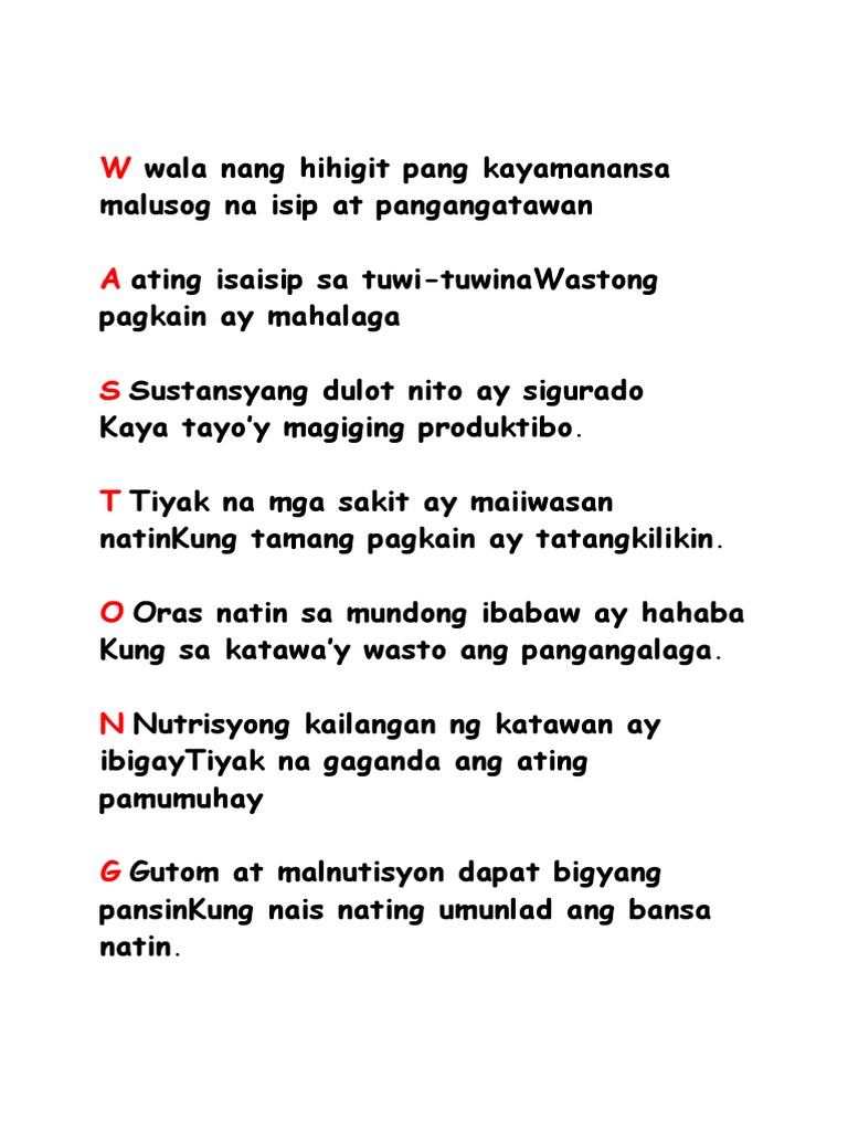 Acrostic Wastong Nutrisyon | PDF