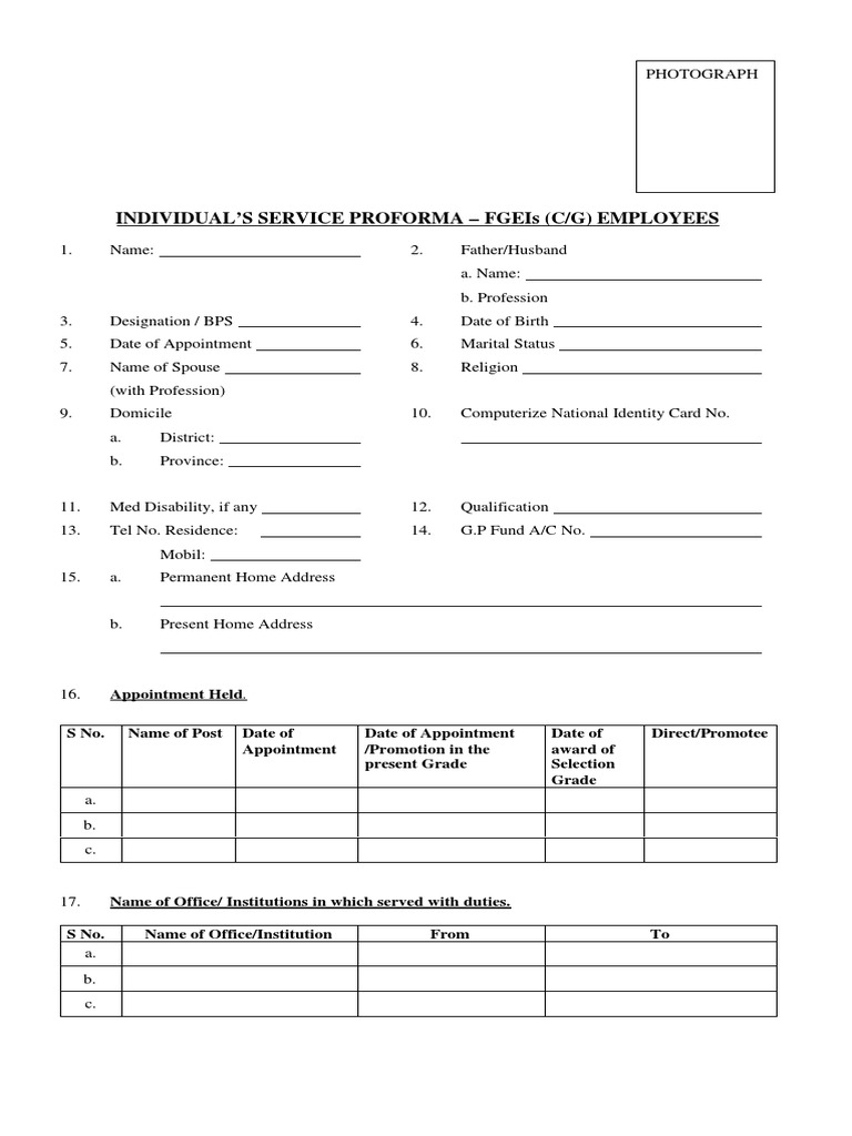 Individual Service Proforma | PDF
