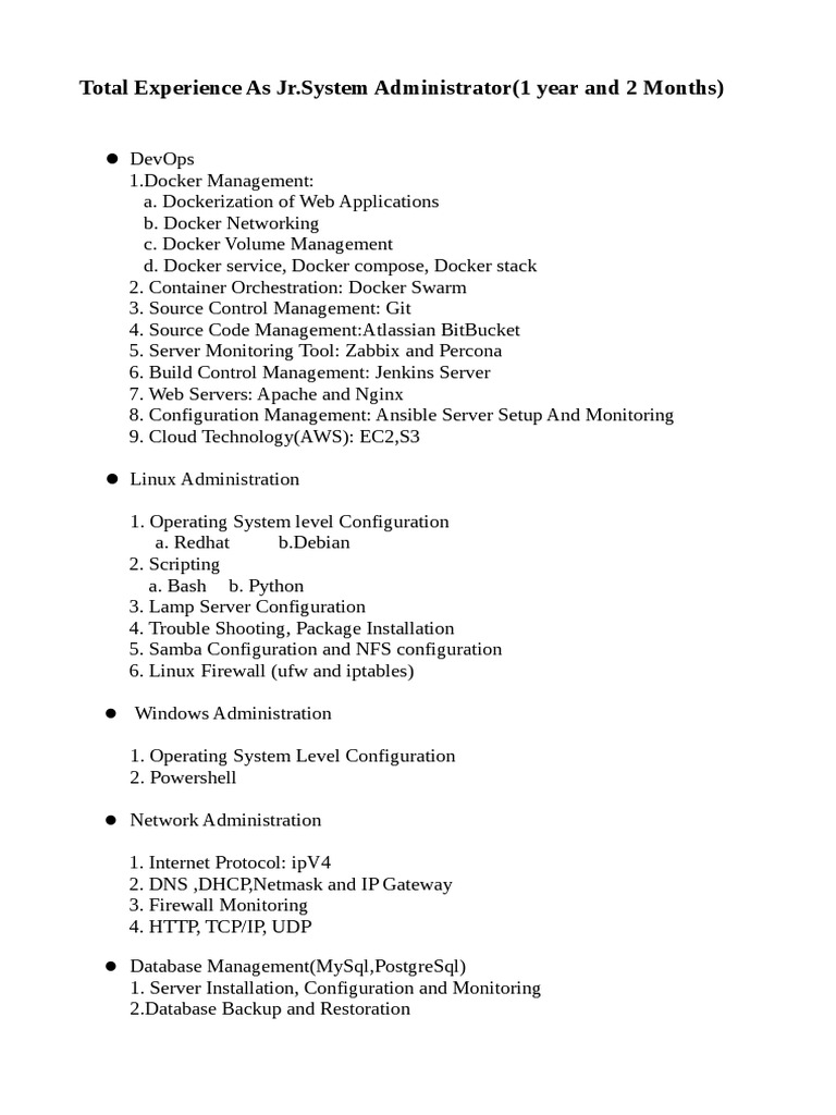 Total Experience As JR - System Administrator (1 Year and 2 Months) | PDF | Computers