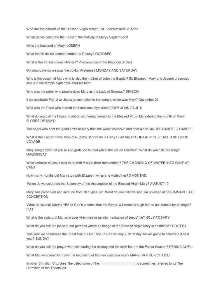 Marian Quiz Reviewer | PDF | Rosary | Mary, Mother Of Jesus