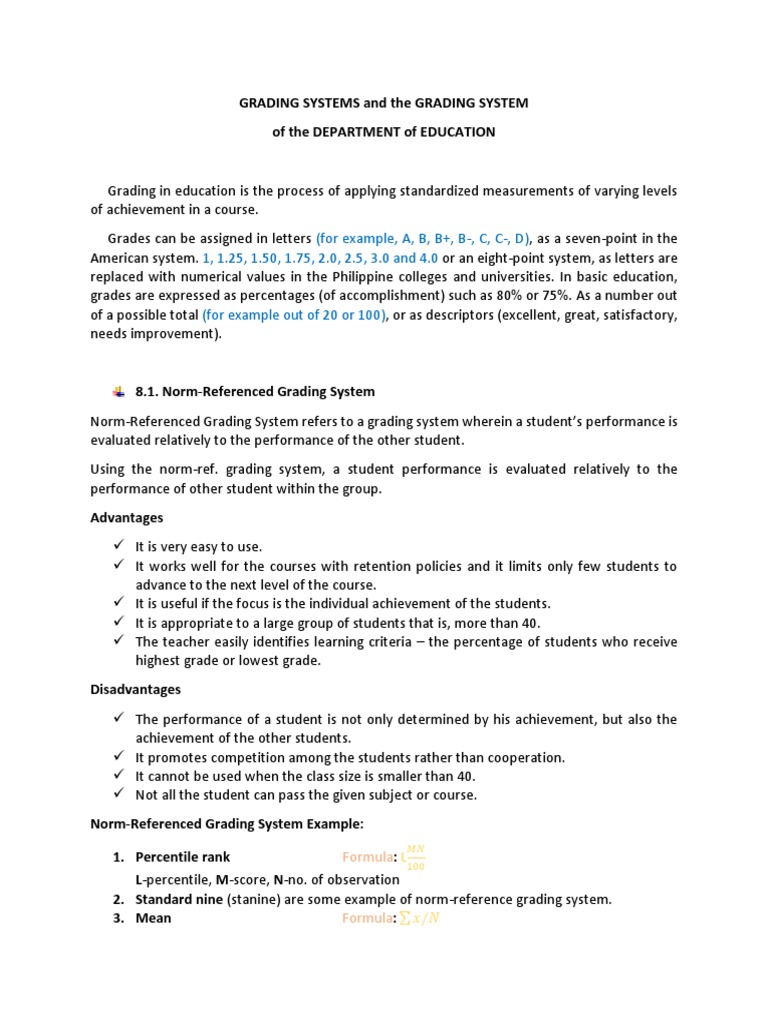 Grading Systems and The Grading System of The Department of Education ...