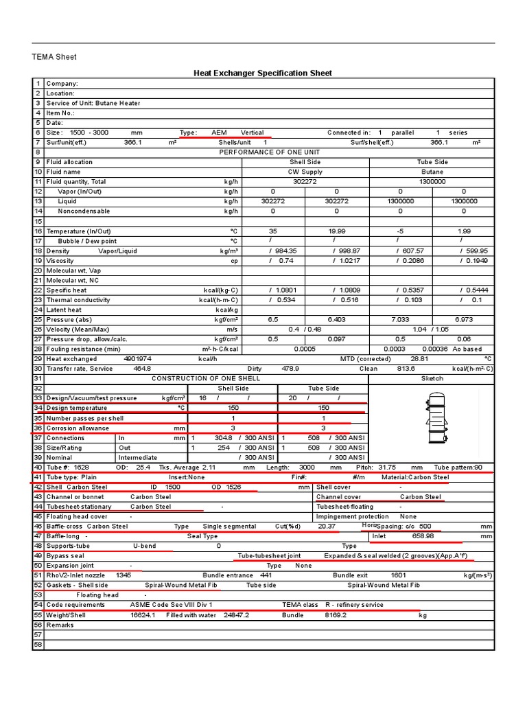 TEMA Sheet Heat Exchanger Specification Sheet | PDF | Heat Exchanger ...