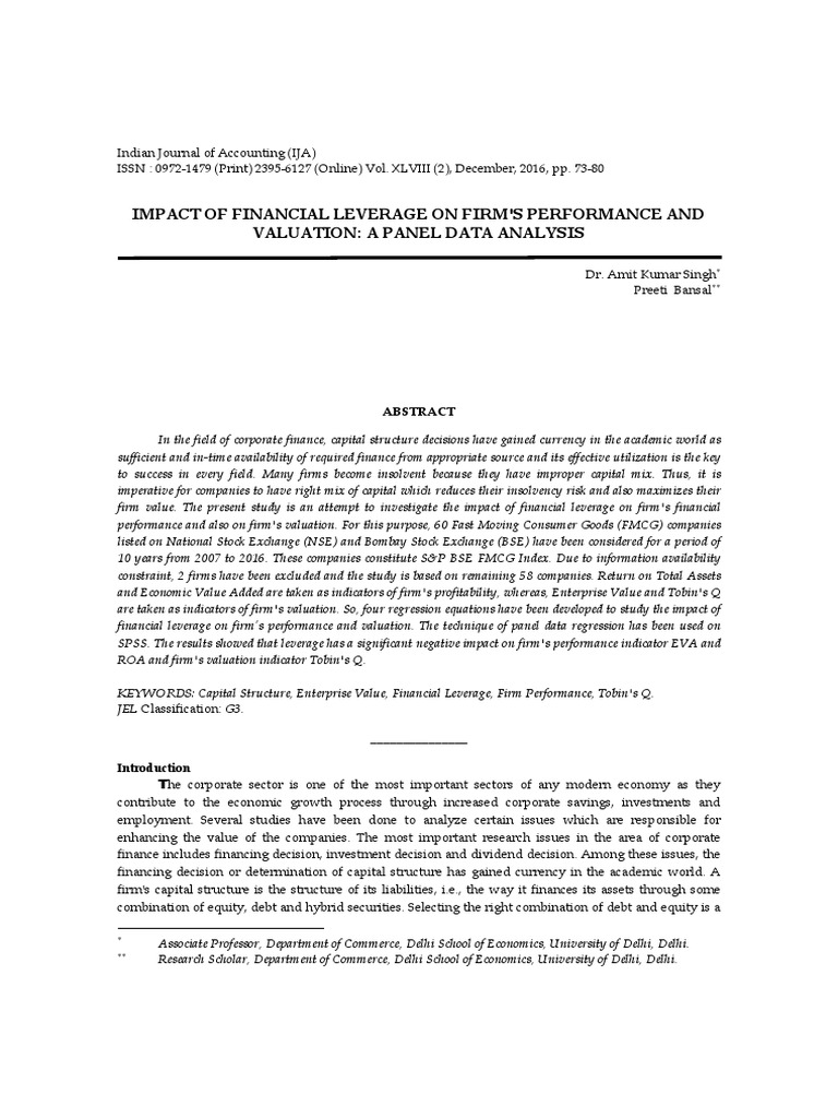 Impact of Financial Leverage On Firm'S Performance and Valuation: A ...