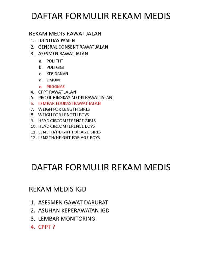 Daftar Formulir Rekam Medis CPPT | PDF