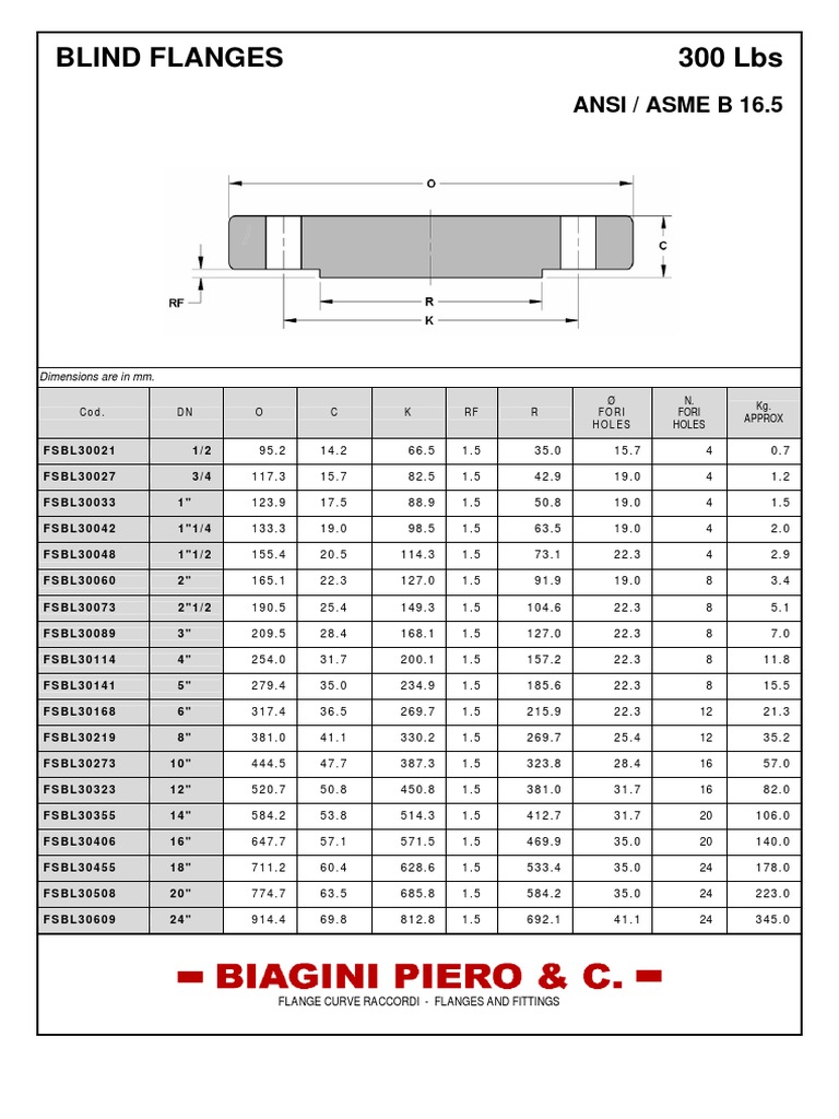 Technical Specifications and Dimensions for Blind Flanges According to ...