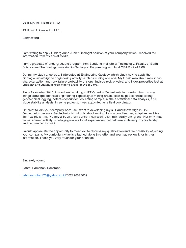 Contoh Cover Letter BSI | PDF