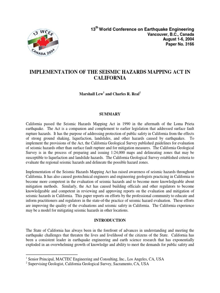 Implementation of The Seismic Hazards Mapping Act in California ...