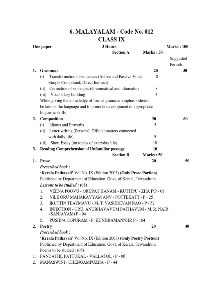 MALAYALAM - Code No. 012 Class Ix: Prescribed Book | PDF | Cognition ...