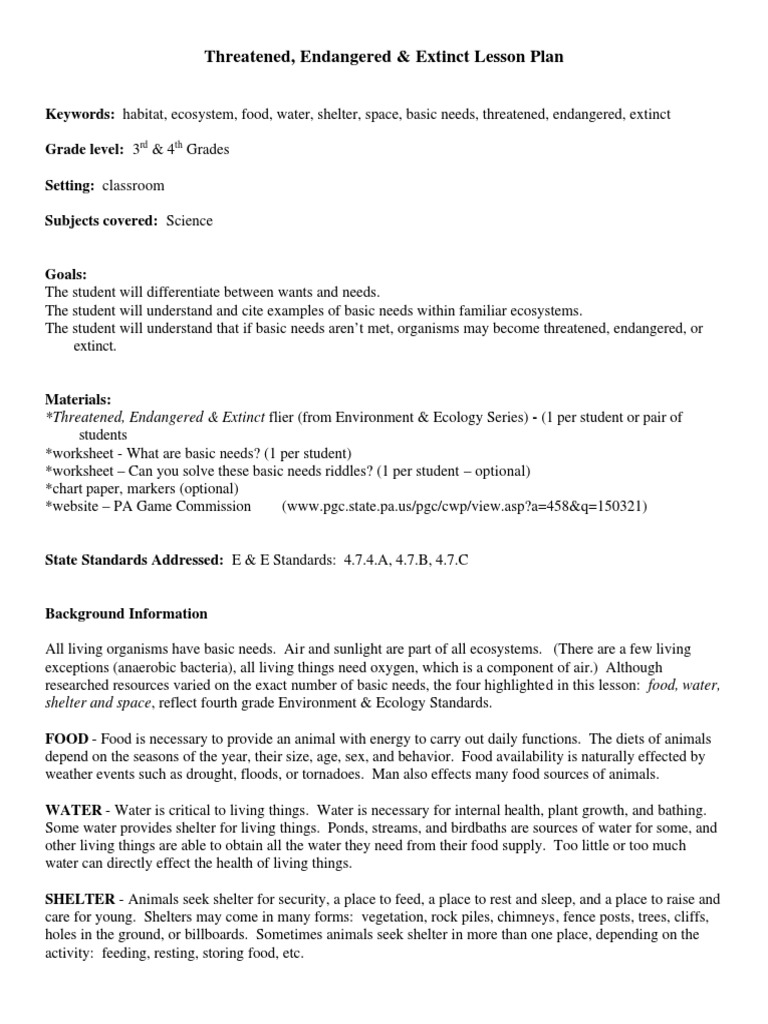 Threatened, Endangered & Extinct Lesson Plan | PDF | Extinction | Ecology