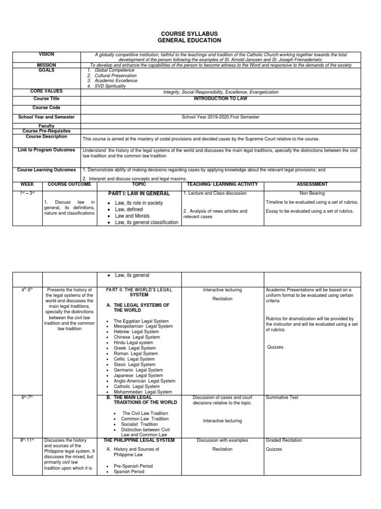 Introduction to Law Course Syllabus | PDF | Civil Law (Legal System ...