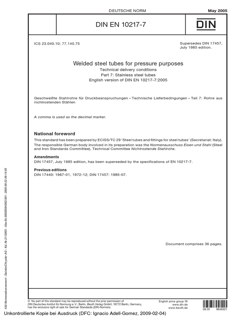 DIN EN 10217-7: Welded Steel Tubes For Pressure Purposes | PDF | Europe Travel | Business