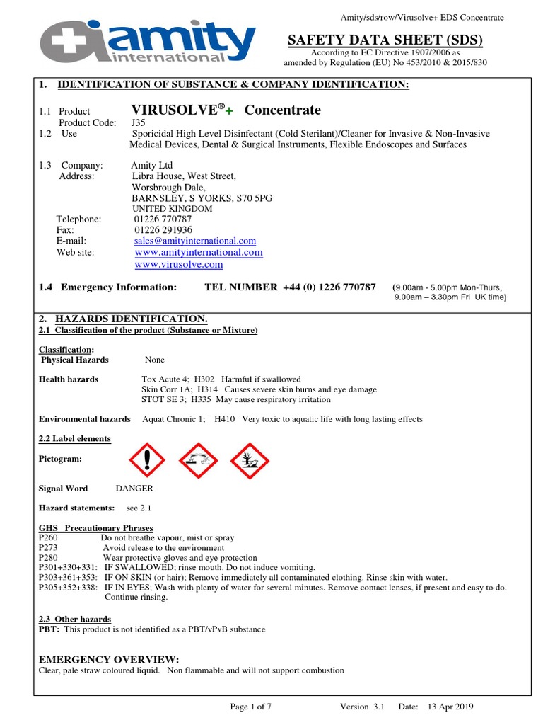 Virusolve EDS Conc SDS PDF | Download Free PDF | Safety | Occupational ...