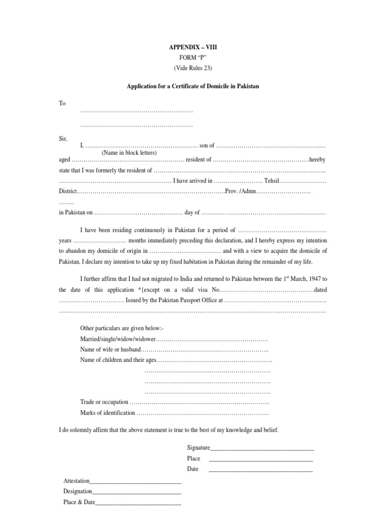Application for Domicile Certificate Form P | PDF