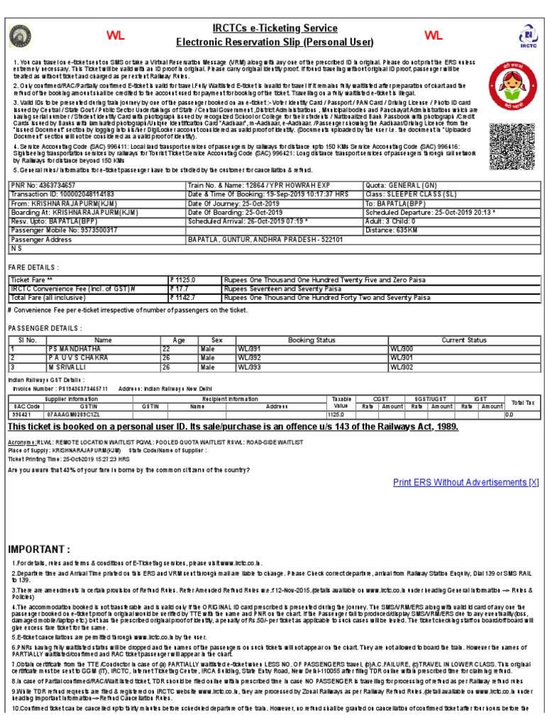 IRCTCs e-Ticketing Service Electronic Reservation Slip | PDF | Identity Document | Ticket ...