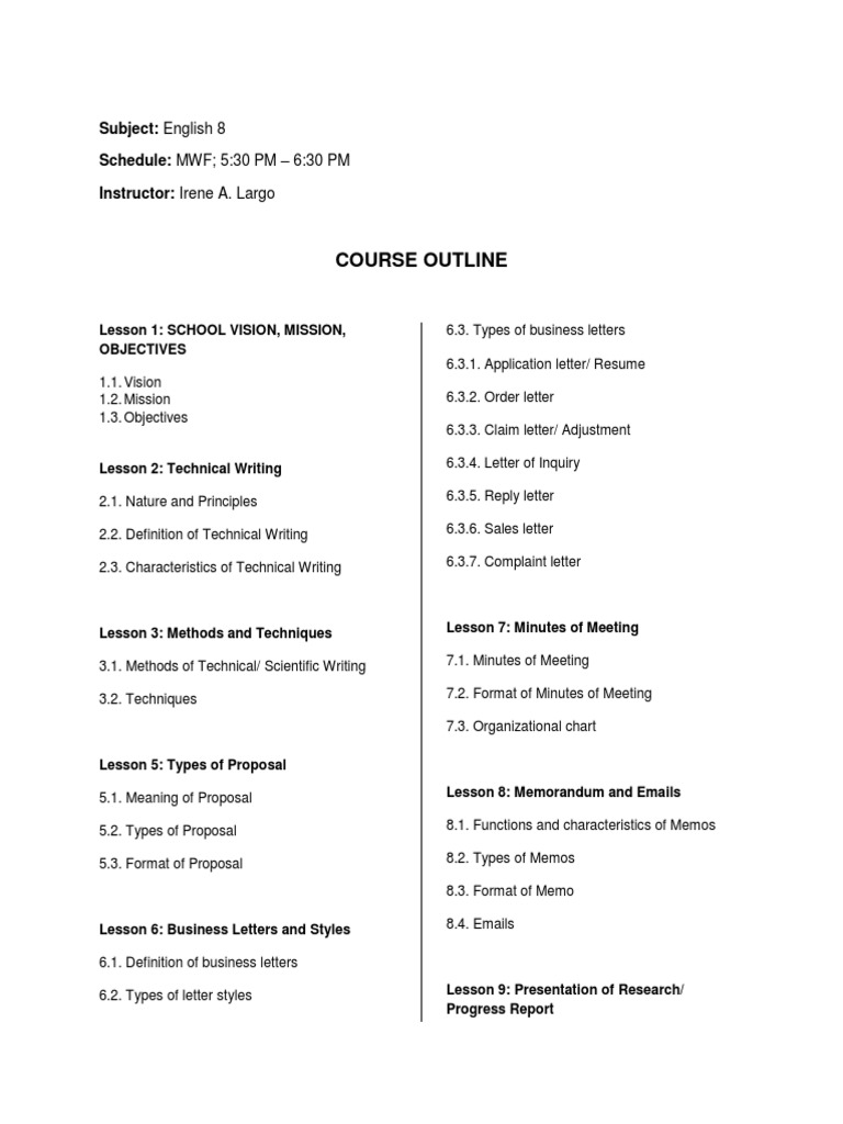 Course Outline: Subject: English 8 Schedule: MWF 5:30 PM Instructor ...