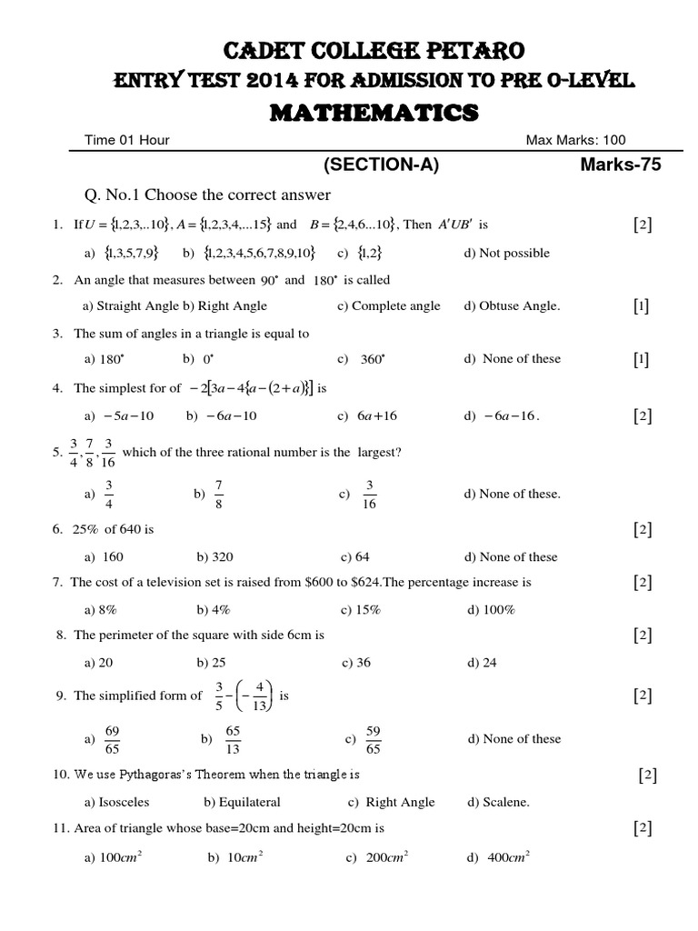 Cadet College Petaro Mathematics: Entry Test 2014 For Admission To Pre ...