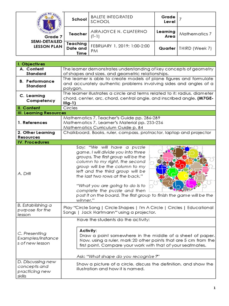 Lesson Plan 3rd Quarter Math | PDF | Circle | Angle