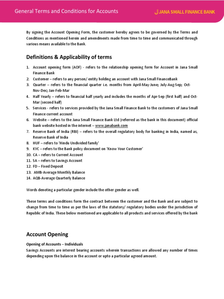 Jana Bank General Terms and Conditions For Accounts | PDF | Cheque ...