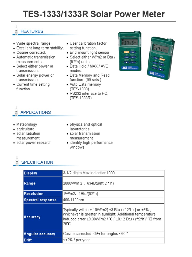 TES-1333/1333R Solar Power Meter: Display Range Resolution Spectral ...
