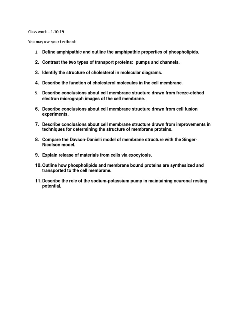 Class Work - 1.10.19 You May Use Your Textbook 1. Define Amphipathic ...