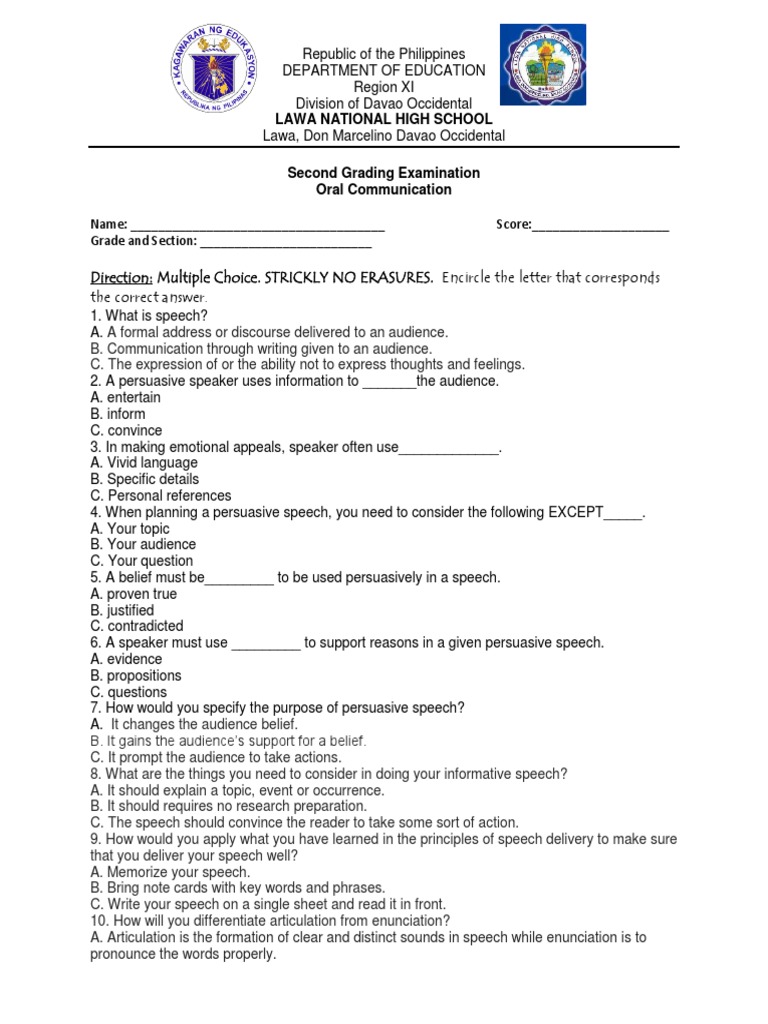 Direction: Multiple Choice. STRICKLY NO ERASURES. Encircle The Letter ...