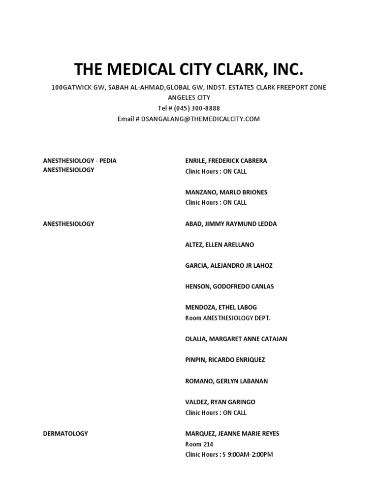 The Medical City Clark List of Doctors May 2019 | PDF | Internal ...