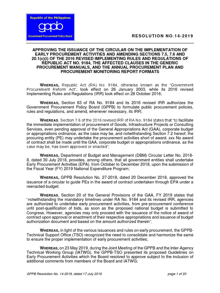 Hereas: GPPB Resolution No. 14-2019, Dated 17 July 2019 Page 1 of 20 ...