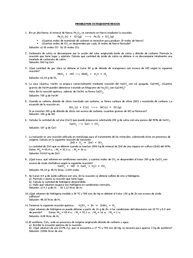 Problemas Estequiométricos Resueltos | PDF | Hierro | Dióxido de carbono