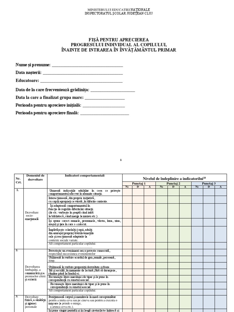 Fisa de Apreciere A Progresului Copilului Prescolar 2019 | PDF