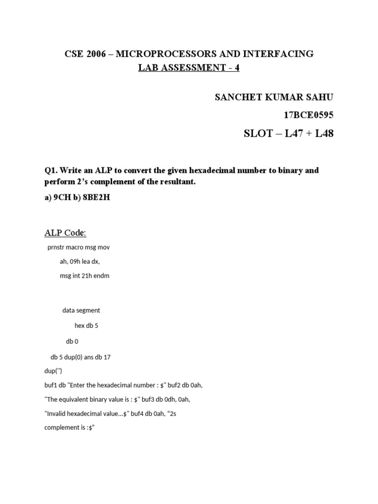 Cse 2006 - Microprocessors and Interfacing Lab Assessment - 4 Sanchet Kumar Sahu 17BCE0595 ...