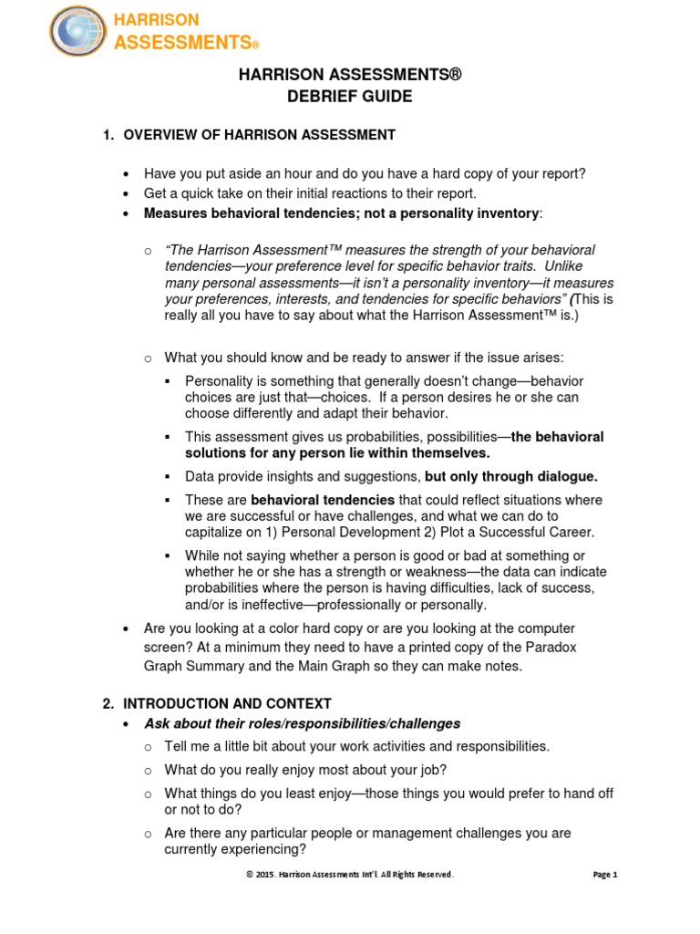 Assessments: Harrison Assessments® Debrief Guide | PDF ...
