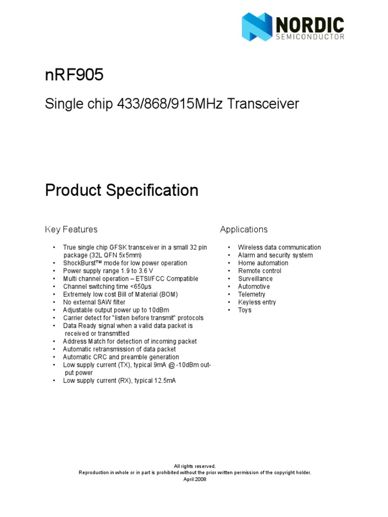 Product Specification NRF905 v1.5-9884 | PDF | Microcontroller ...