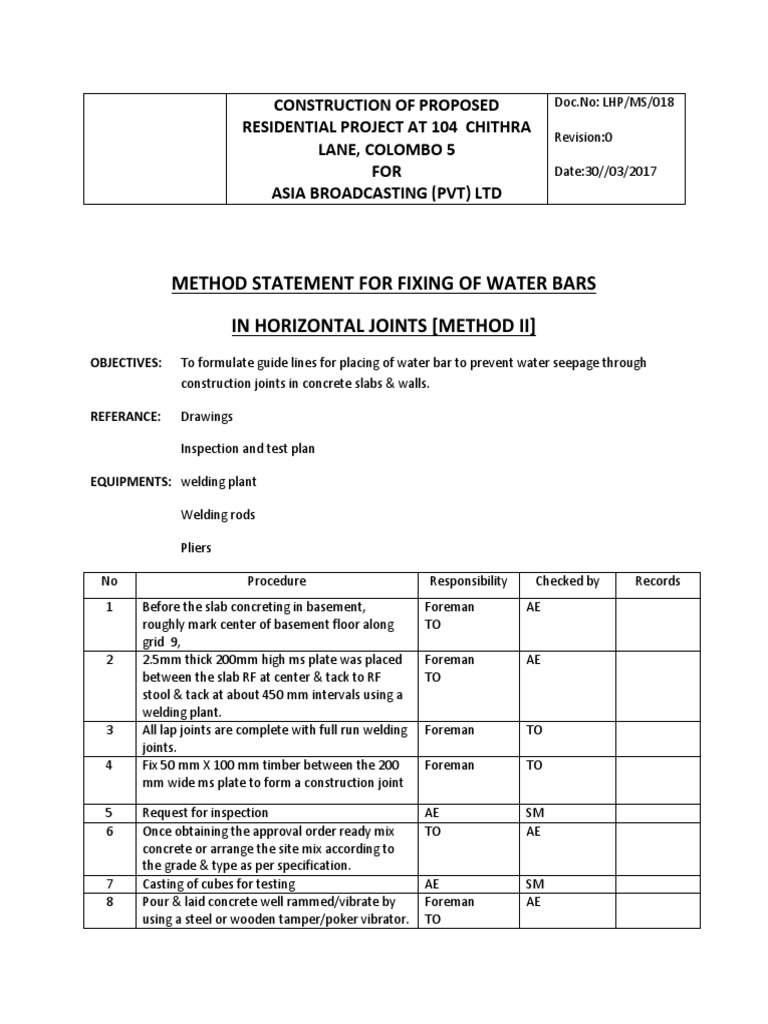 Lean Concrete Method Statement | PDF | Concrete | Welding