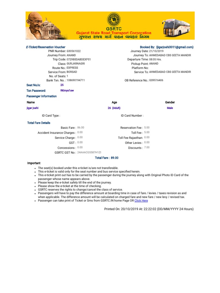GSRTC | PDF | Fee | Identity Document