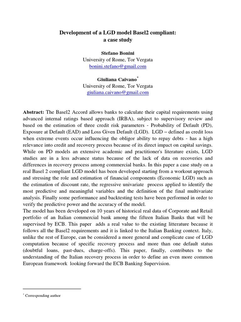 Development of A LGD Model Basel2 Compliant: A Case Study: Stefano ...